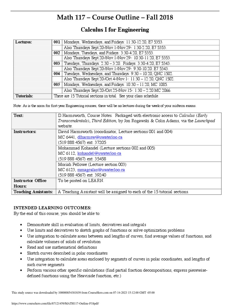 MATH117 Outline F18 PDF | PDF | Function (Mathematics) | Integral