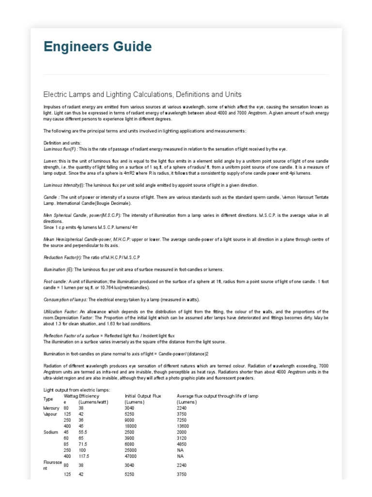 Engineers Guide - Electric Lamps and Lighting Calculations, Definitions and Units | PDF ...