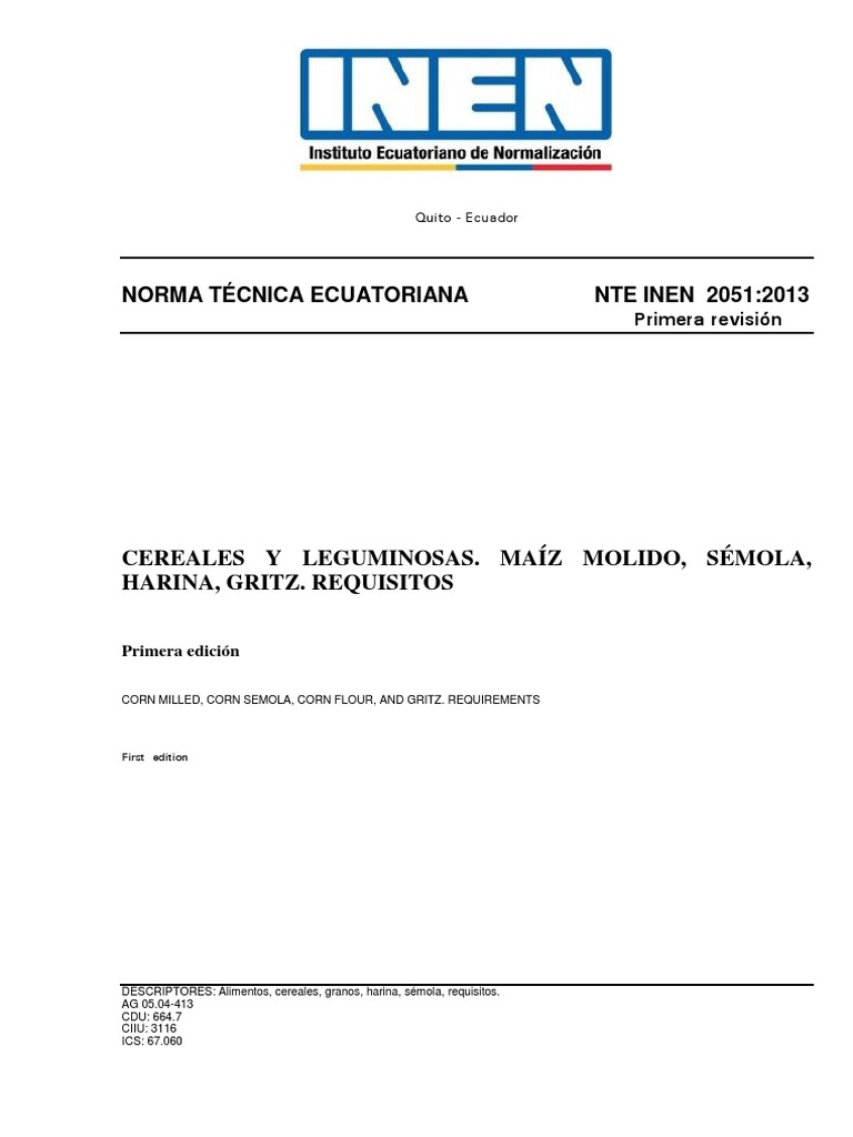Norma Técnica Ecuatoriana Nte Inen 2051:2013 | PDF | Alimentos | Maíz