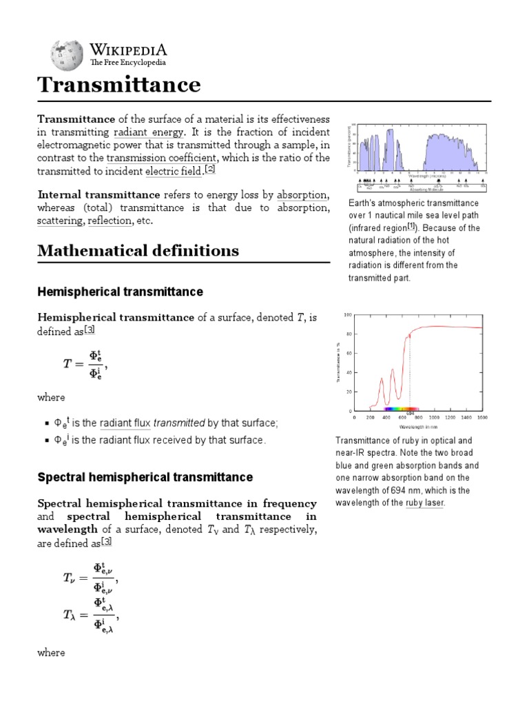 Transmittance - Wikipedia | PDF | Electromagnetic Spectrum | Attenuation