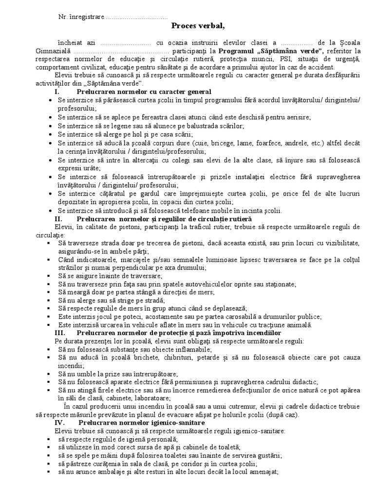 6 - Proces Verbal Siguranta Elevilor Săptămâna Verde | PDF