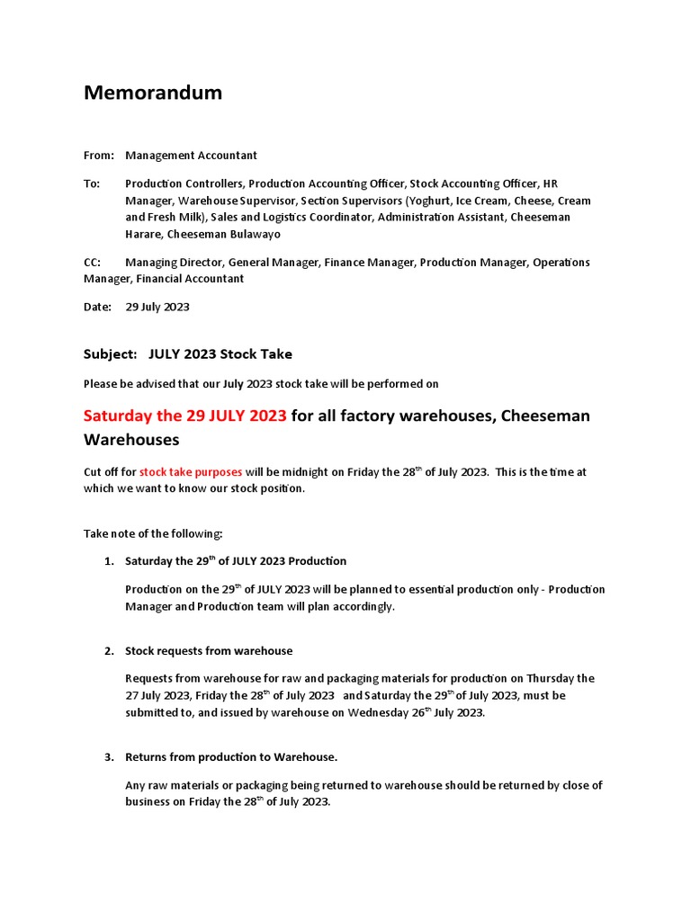 Memo - July 2023 Stocktake - Factory Cheeseman Bulawayo Cheeseman ...