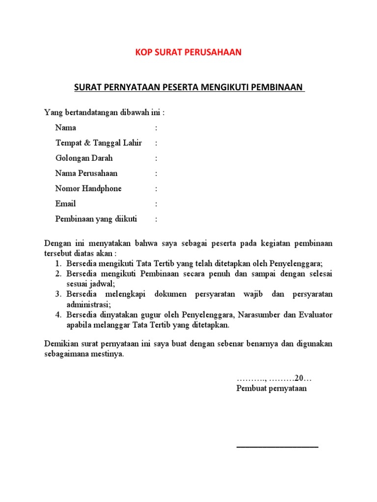 Surat Pernyataan Mengikuti Pembinaan | PDF Surat Pernyataan Mengikuti Pembinaan | PDF