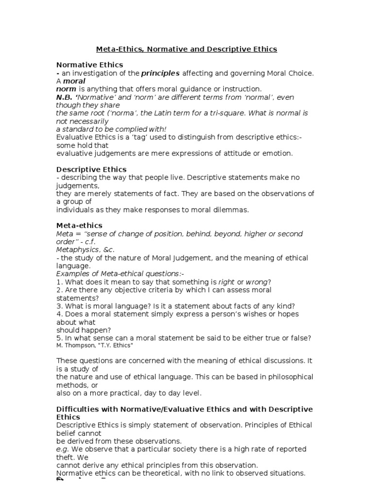 Ethics: Normative, Descriptive, Meta | PDF | Morality | Psychological ...