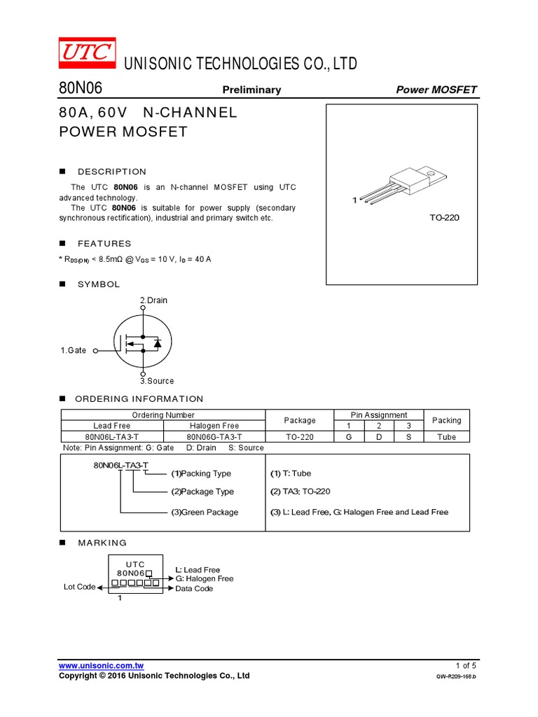 80N06 Utc | PDF | Electrical Engineering | Power Electronics