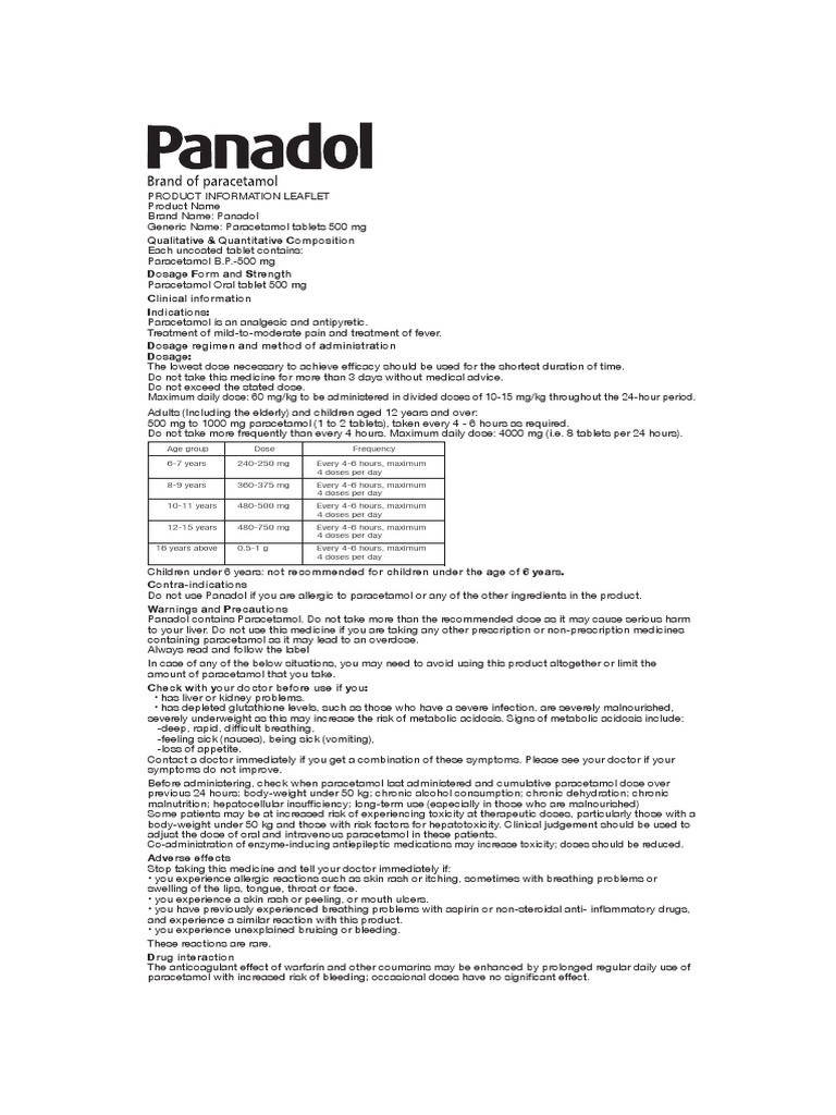 Panadol - Sri - Lanka Medicine Panadol 1000pc Leaflet 500mg (IND 20077761 1) | PDF | Dose ...