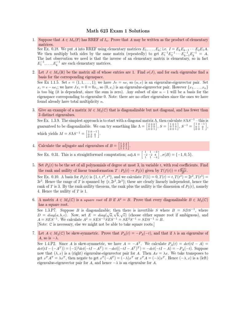 623 Exam 1 Solutions | PDF | Eigenvalues And Eigenvectors | Matrix (Mathematics)