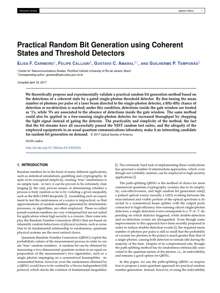 Practical Random Bit Generation Using Coherent States and Threshold ...