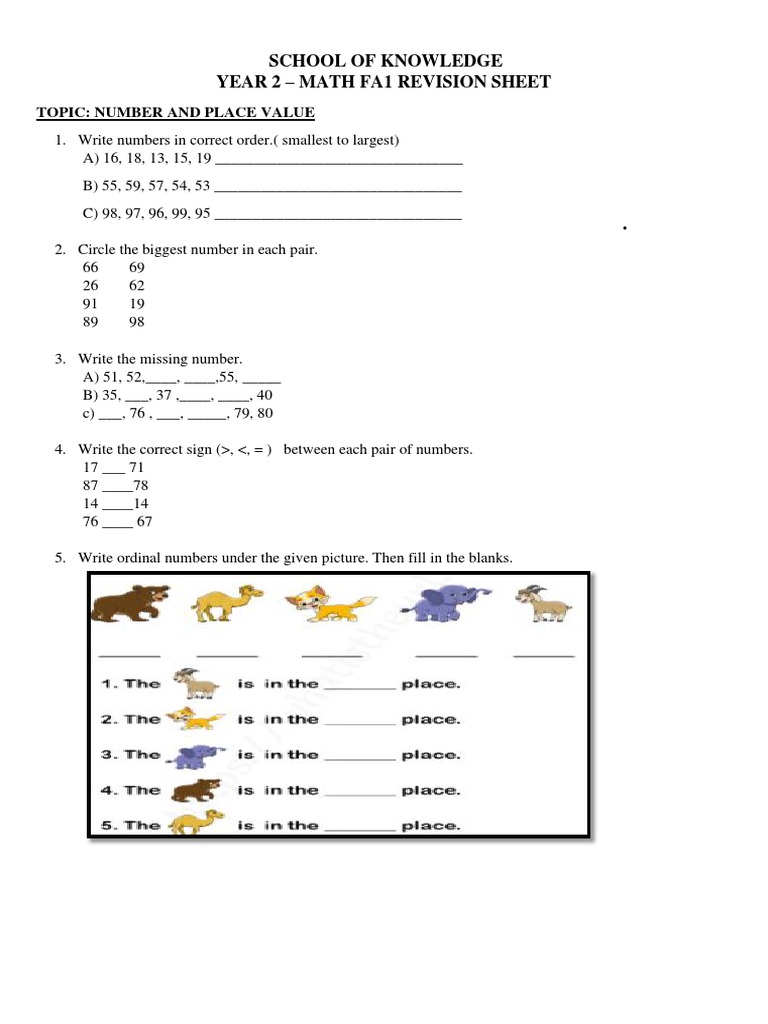 Year 2 Topic Wise FA 1 Revision Worksheet | PDF