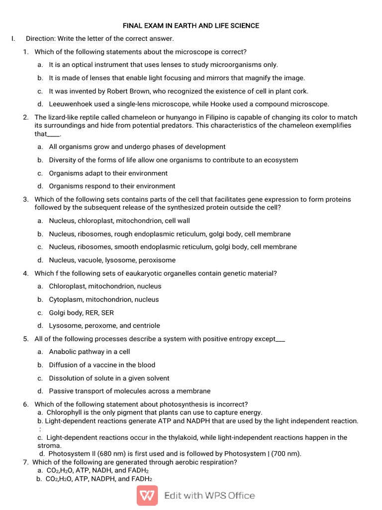 Earth and Life Science Final Exam Questions | PDF | Reproduction | Flowers