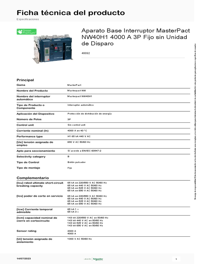 Especificaciones MasterPact NW40H1 | PDF | Residuos | Ingenieria Eléctrica