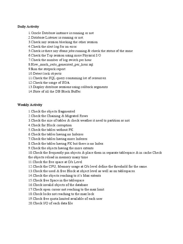 Checklist DBA | Download Free PDF | Databases | Database Index