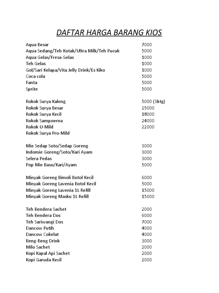 Daftar Harga Barang Kios | PDF | Foods | Cuisine