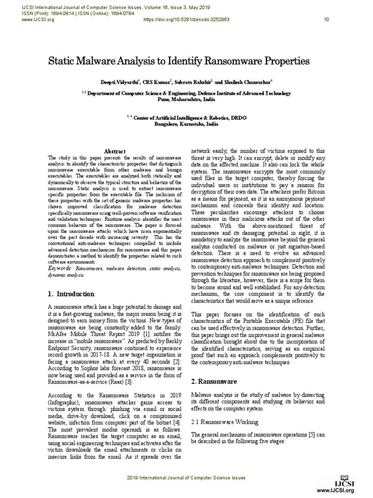 A3-Static Malware Analysis To Identify Ransomware Properties | PDF | Ransomware | Malware