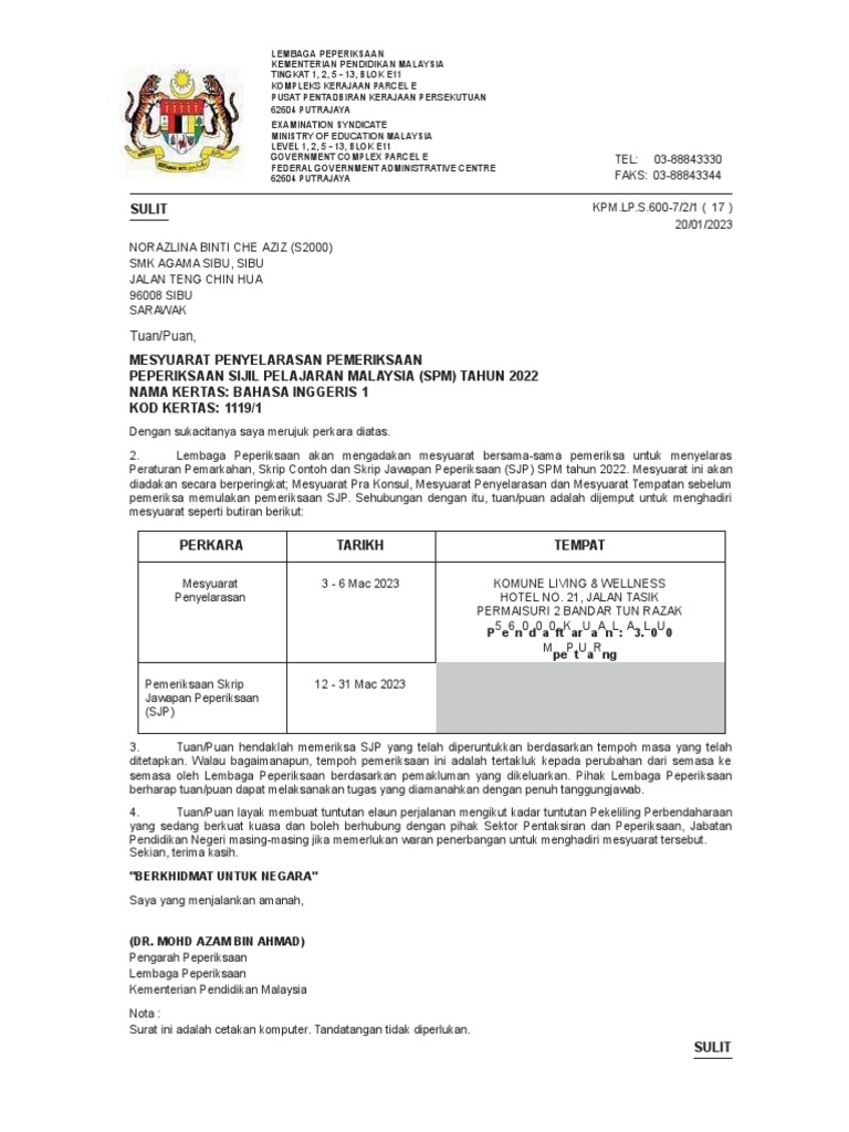 Surat Mesyuarat Penyelarasan SPM 2022 Latest | PDF