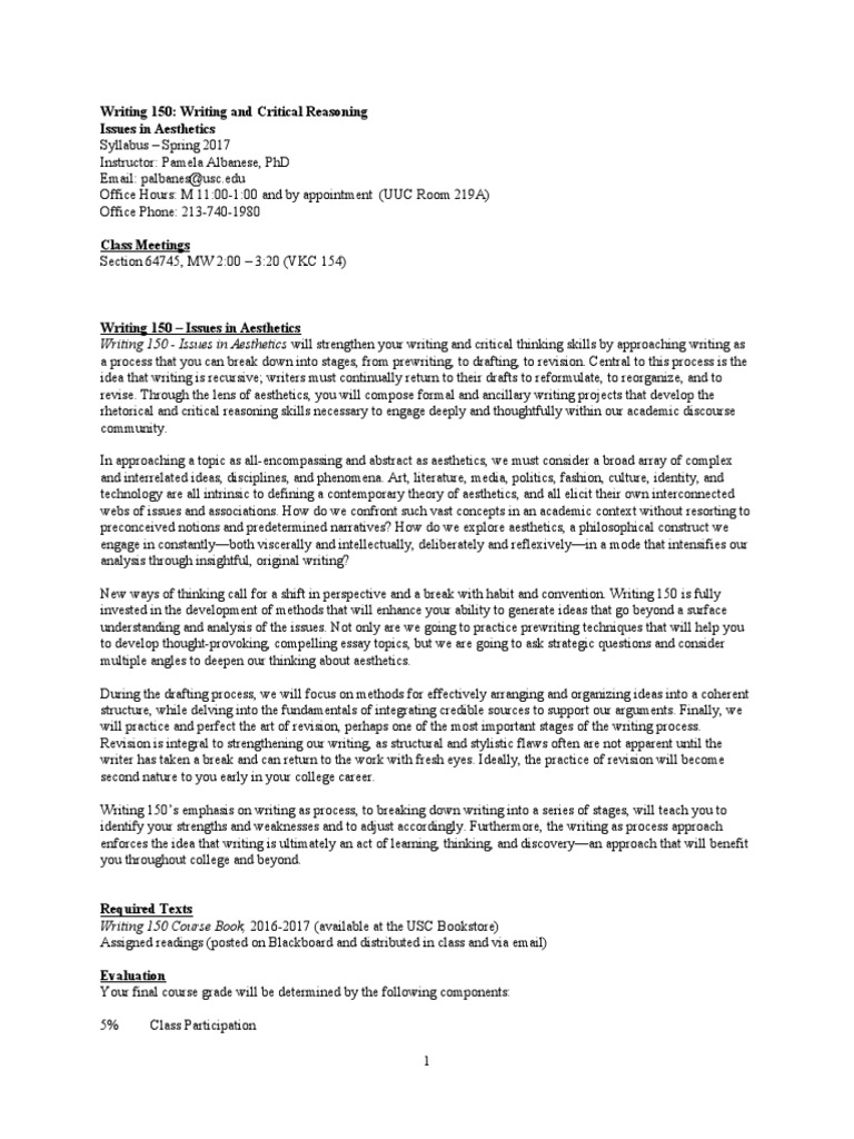 Writing 150: Writing and Critical Reasoning Issues in Aesthetics | PDF ...