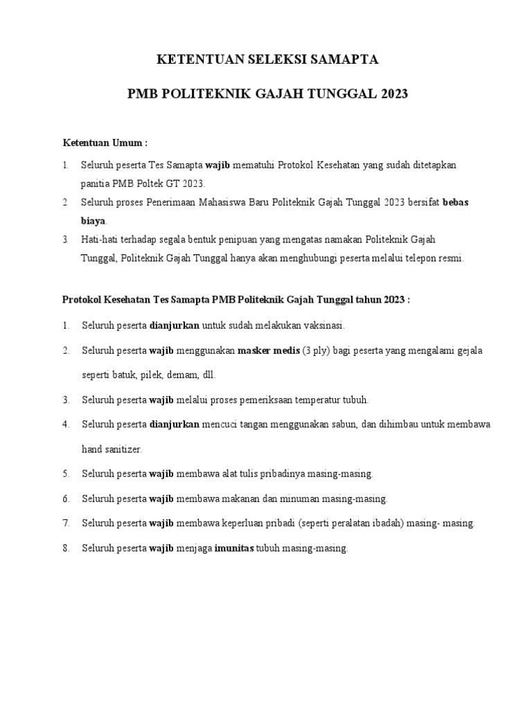 Ketentuan Tes Samapta Poltek Gajah Tunggal | PDF | Pengembangan Diri