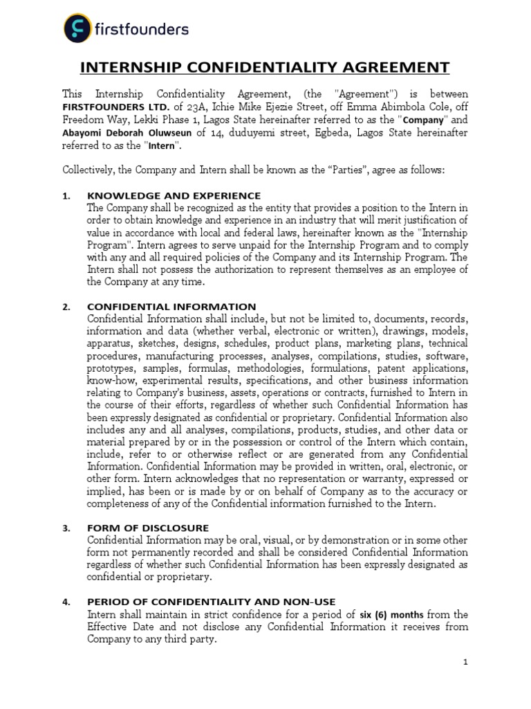 F2 INTERNSHIP CONFIDENTIALITY AGREEMENT - Deborah | PDF | Trade Secret | Legal Remedy