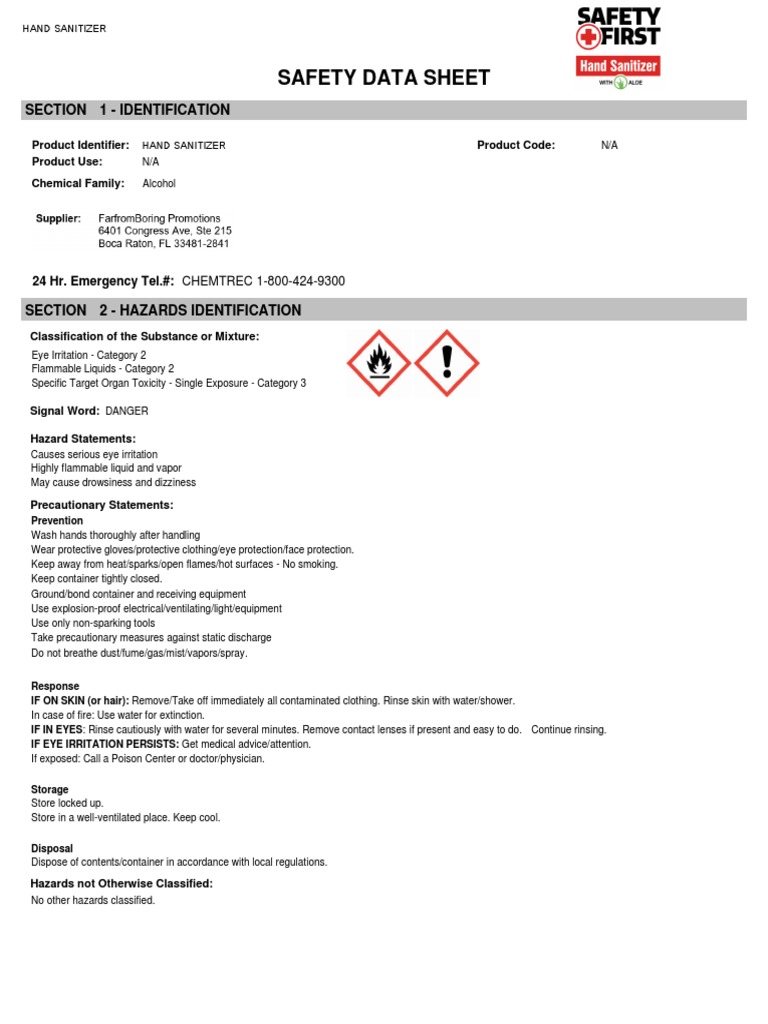Hand Sanitizer Safety Data Sheet | PDF | Personal Protective Equipment ...
