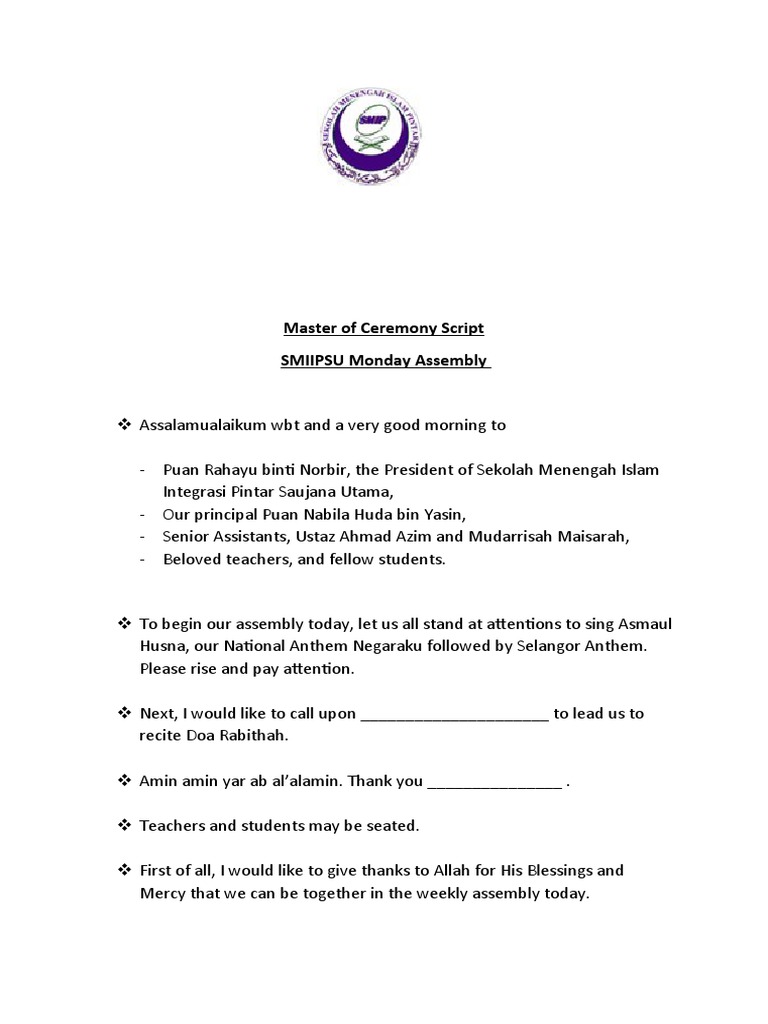 Monday Assembly Emcee Script | PDF