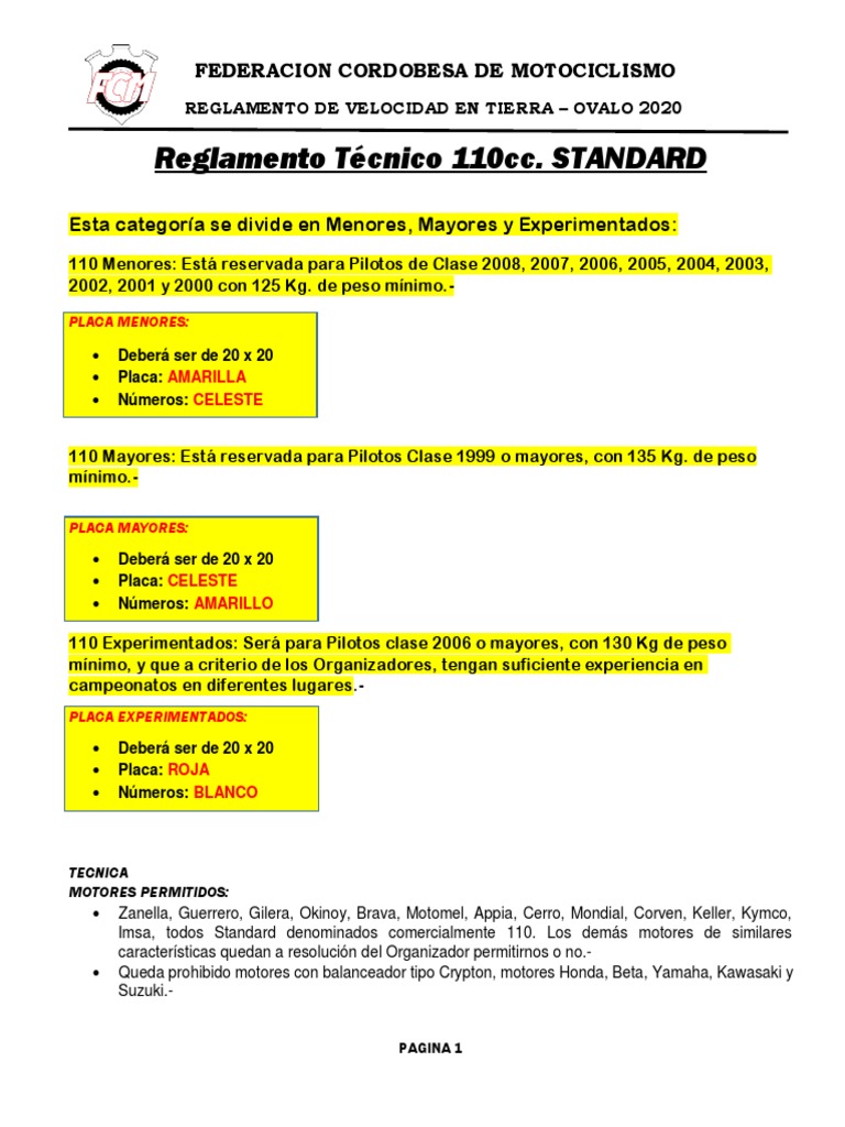 Reglamento Técnico 110cc Standard 2020 | PDF | Motocicleta | Engranaje