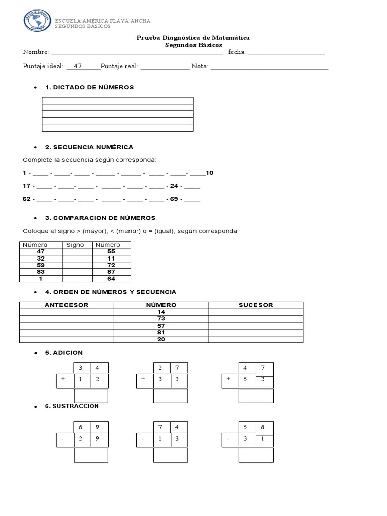 Prueba Diagnóstica Matemáticas 2° Básico | PDF