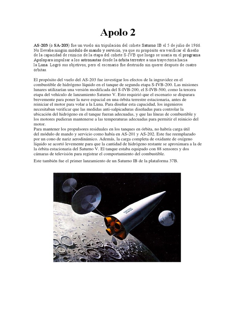 Apolo 2: AS-203 (O SA-203) Fue Un Vuelo Sin Tripulación Del Cohete | PDF