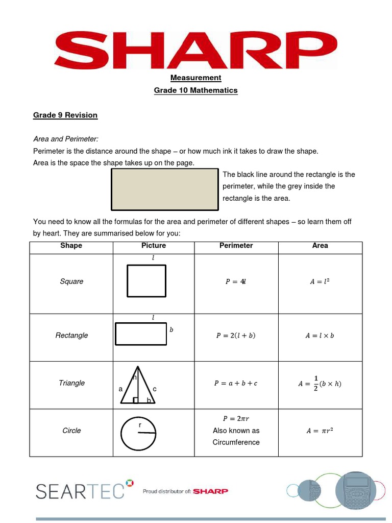 Grade 10 Measurement Formulas Guide | PDF | Area | Sphere