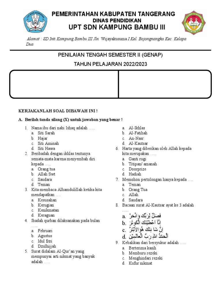 Fix Soal PTS Pai Untuk Kelas 3 Tahun Ajaran 2022-2023 | PDF