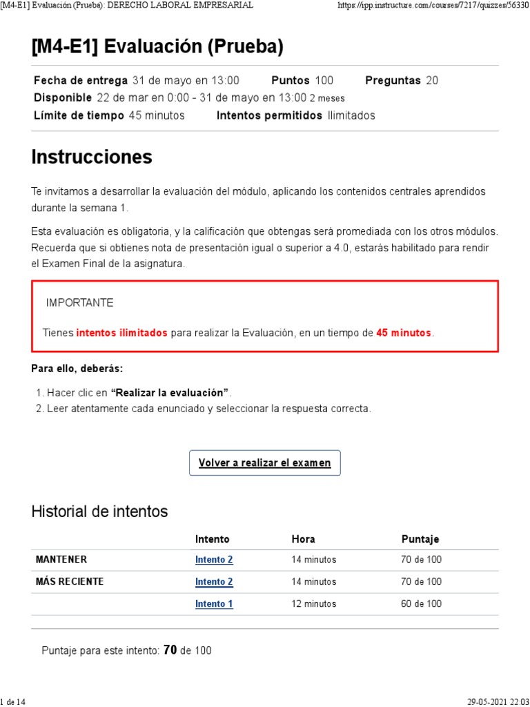 M4 E1 Evaluaci N Prueba DERECHO LABORAL EMPRESARIAL 70 PDF | PDF | Derecho laboral | Justicia