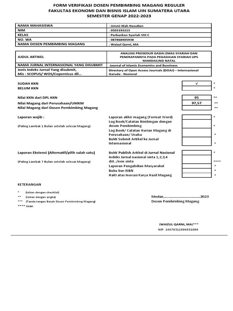 FORM VERIFIKASI DOSEN PEMBIMBING MAGANG (Reguler) | PDF