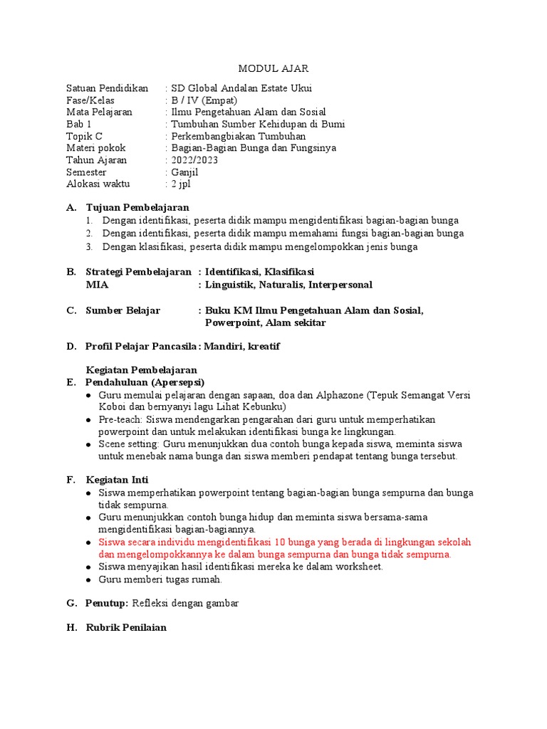 Modul Ajar Bab 1 Bagian-Bagian Bunga Dan Fungsinya | PDF