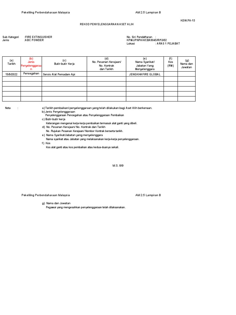 Kew - Pa-15 Rekod Penyelenggaraan Aset Alih 02 | PDF | Teknologi & Rekayasa