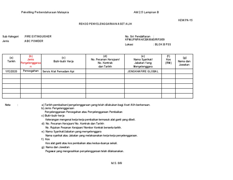 Rekod Penyelenggaraan Aset Alih Kew.PA-15 | PDF