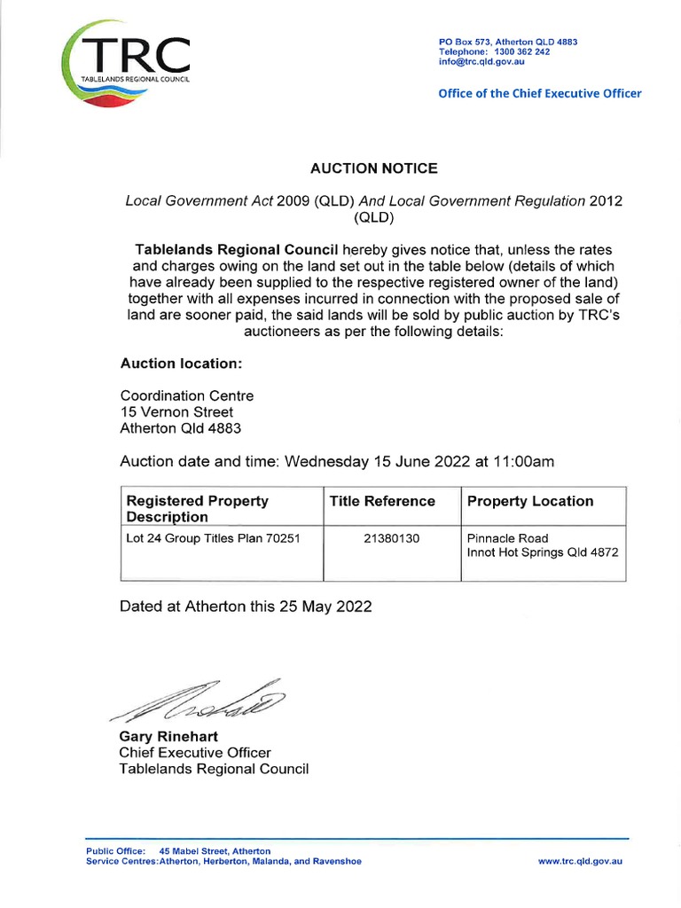 Auction Notice - Pinnacle Road Innot Hot Springs | PDF