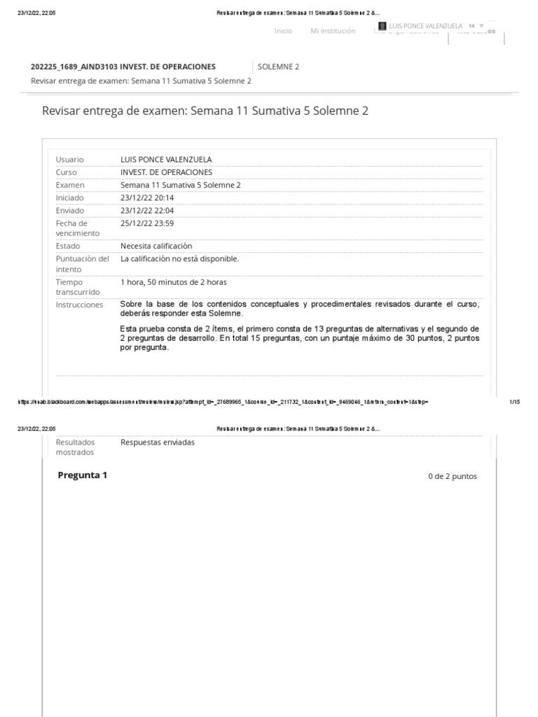 Revisar Entrega de Examen - Semana 11 Sumativa 5 Solemne 2 &.. | PDF | Matemáticas Aplicadas ...