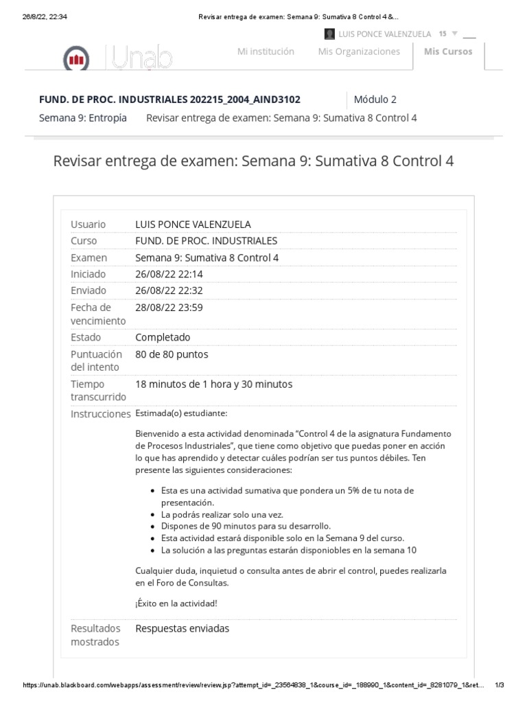 Revisar Entrega de Examen - Semana 9 - Sumativa 8 Control 4 &.. | PDF | Temperatura | Entropía