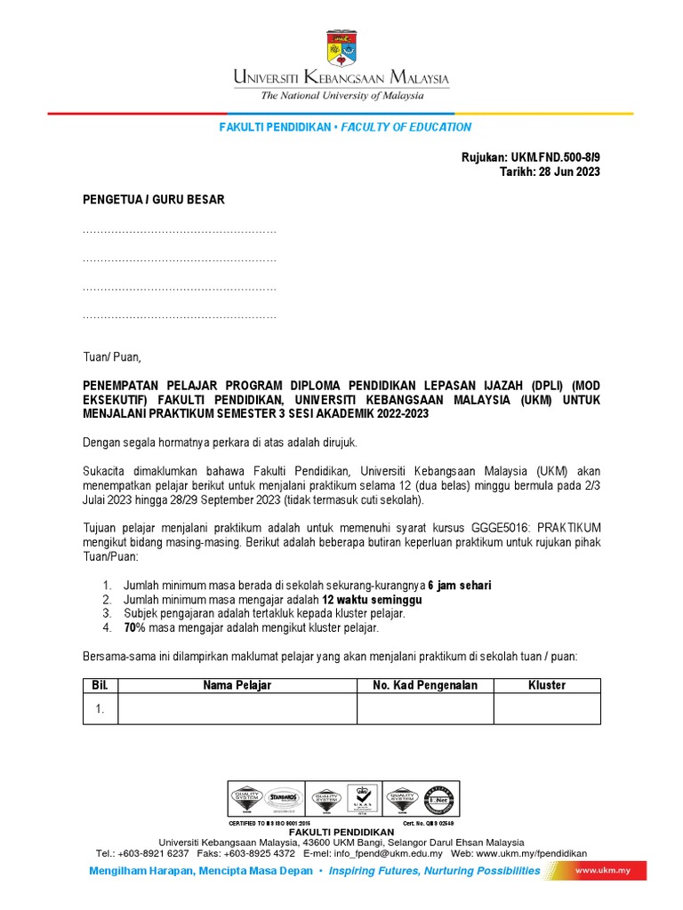 Surat Penempatan Pelajar Program Dpli (Eksekutif) Fakulti Pendidikan ...
