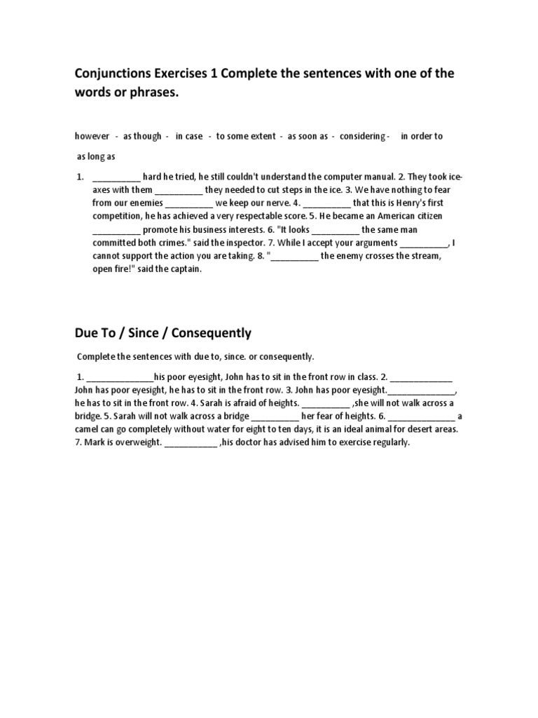 Conjunctions and Cause Exercises | PDF | Language Arts & Discipline