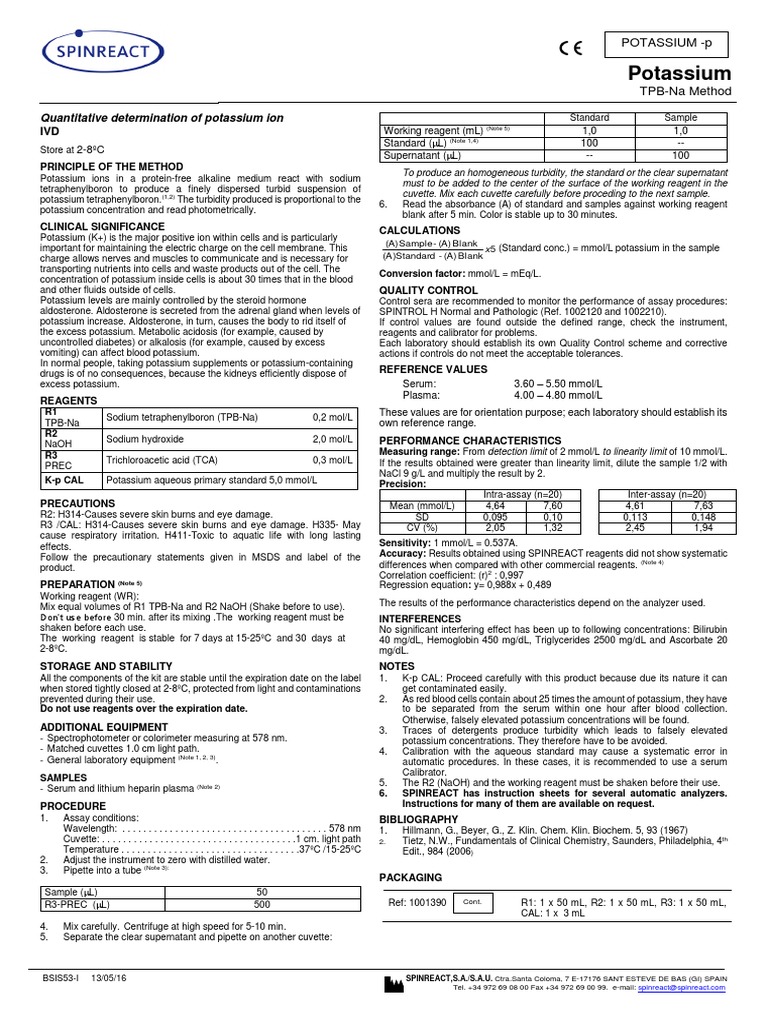 Inserto de Potasio SPINREACT | PDF | Potassium | Chemistry