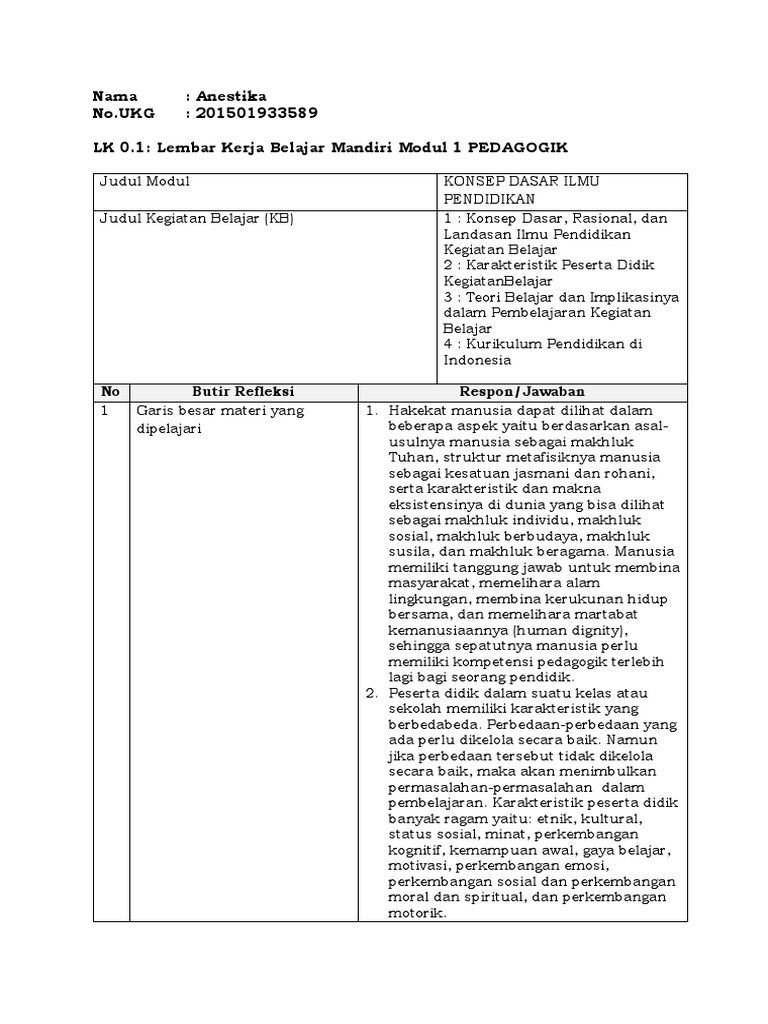 Contoh LK 0.1 Pedagogik PPG Dalam Jabatan | PDF | Pengembangan Diri