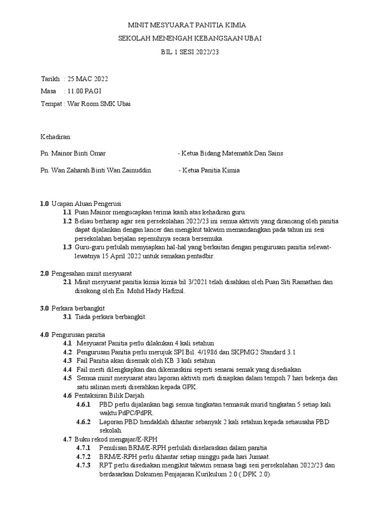 Minit Mesyuarat Panitia Kimia 2022 Kali 1 | PDF
