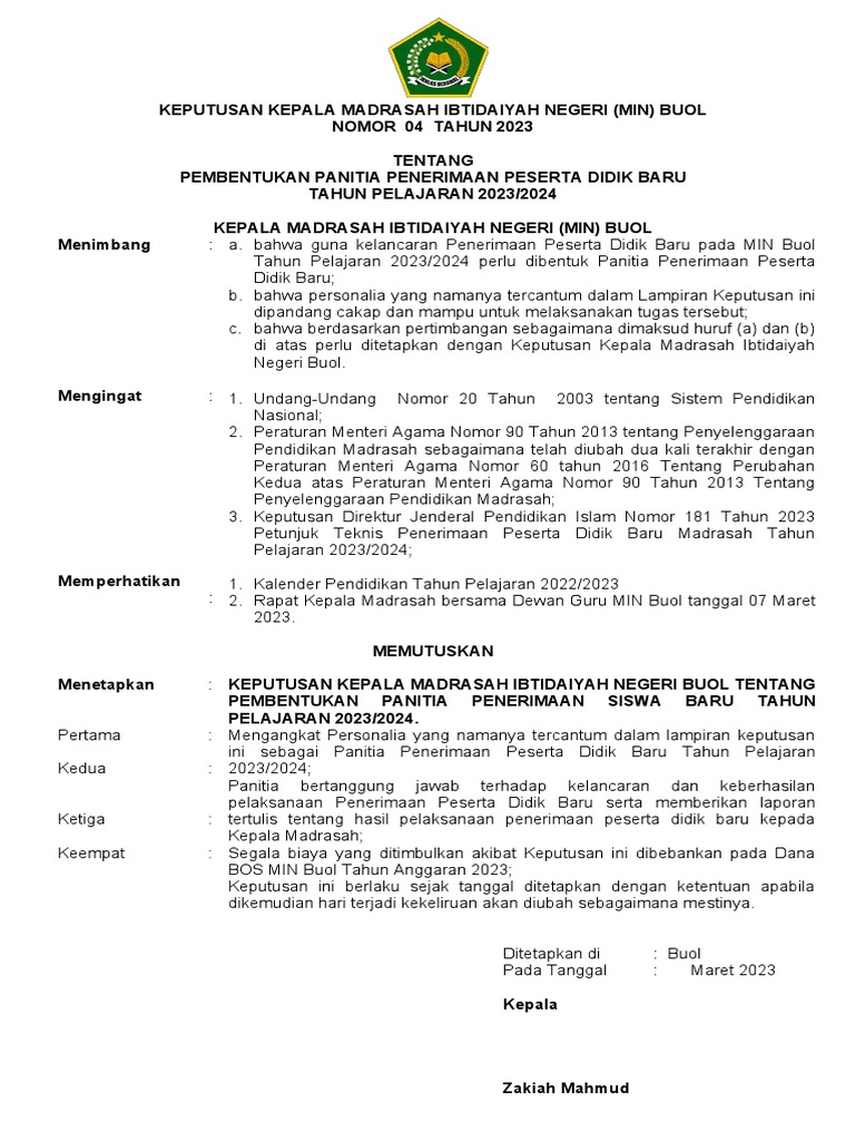 SK Panitia PPDB TP 2023-2024 | PDF