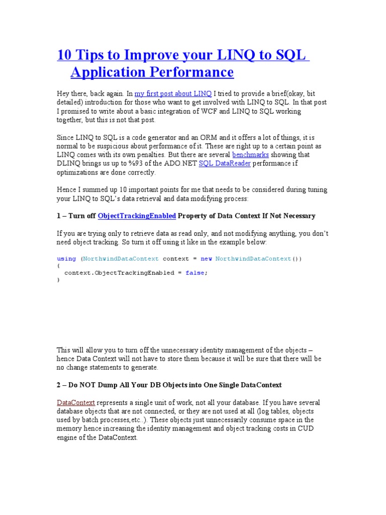 10 Tips To Improve Your Linq To Sql Application Performance Pdf Language Integrated Query Sql