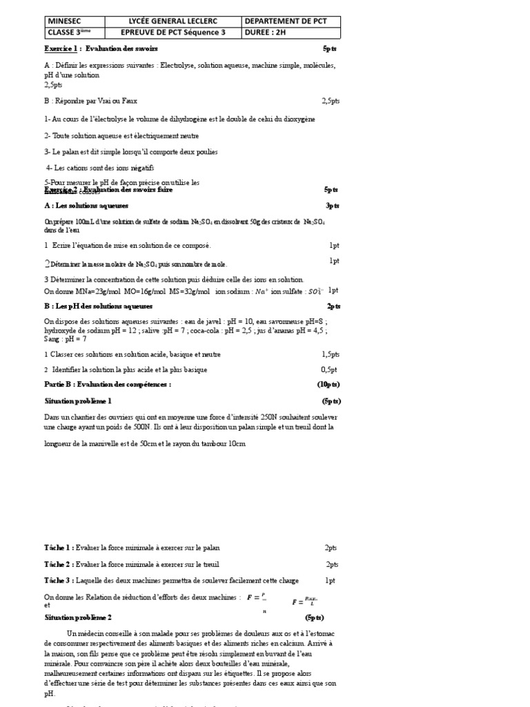 Eval 3 PCT LGL + Corrigé 351 | PDF | Ph | Ion