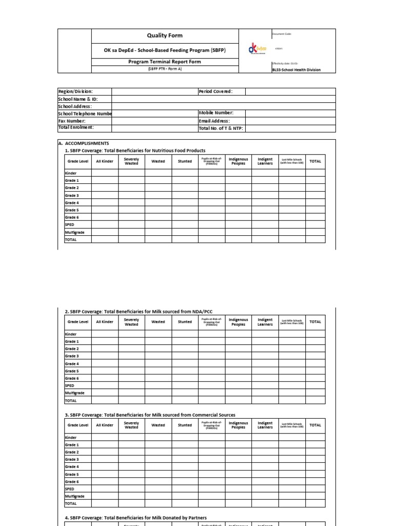 SBFP 2023 Program Terminal Report | PDF | Foods | Nutrition