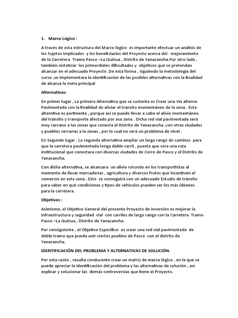 RODOLFO - Marco Logico Del PIP - Docx-Oficial | PDF | La carretera | Infraestructura
