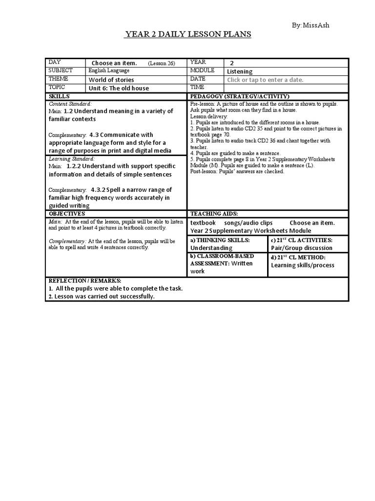 Year 2 Daily Lesson Plans: Skills Pedagogy (Strategy/Activity) | PDF ...