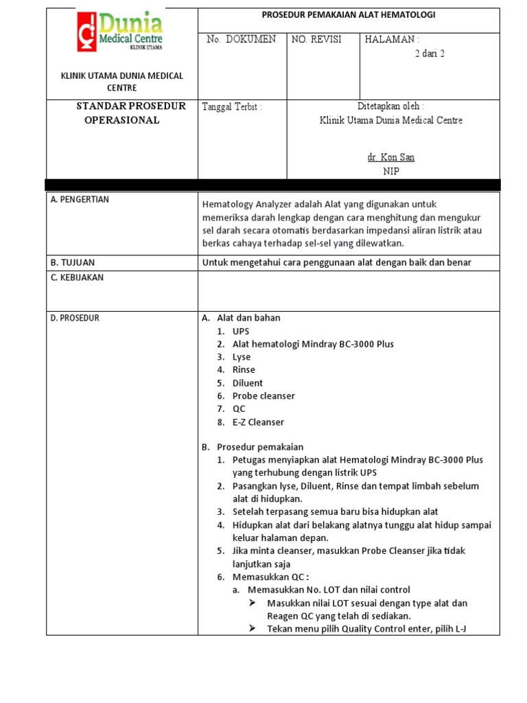 Sop Pemakaian Alat Hematologi | PDF