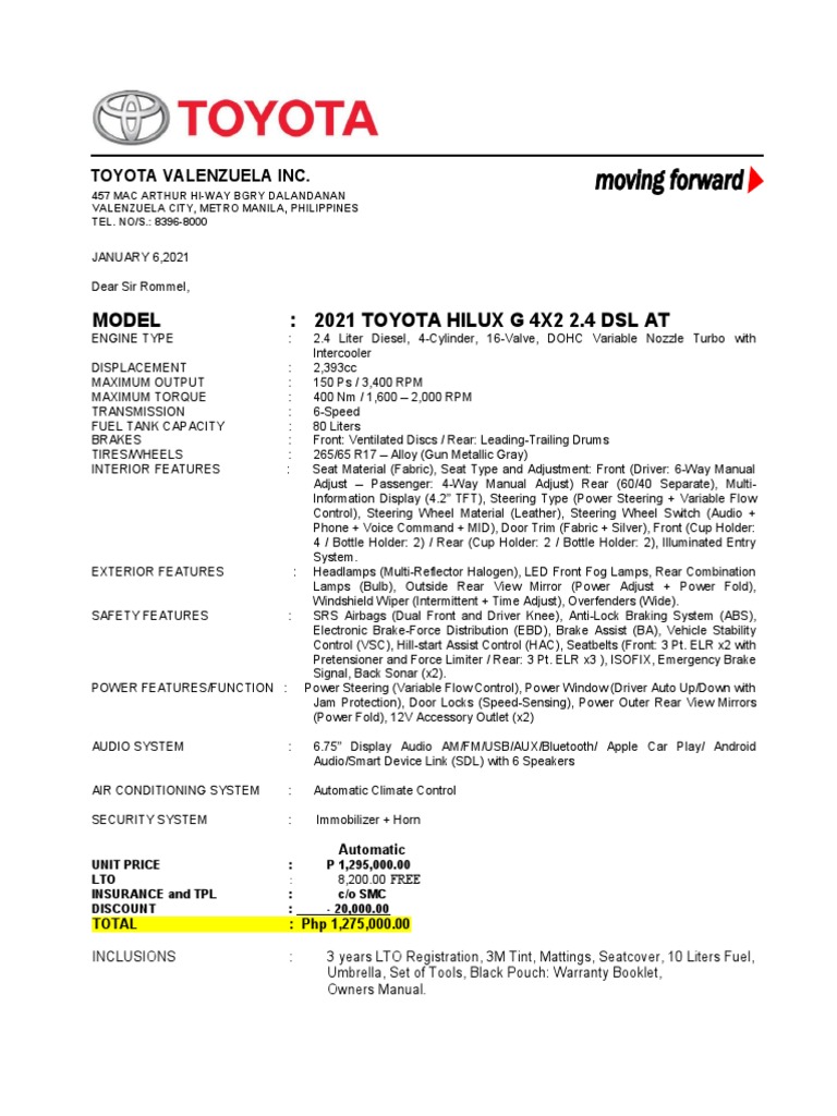 2021 MC Toyota Hilux Quotation Fao SMC | PDF | Anti Lock Braking System ...
